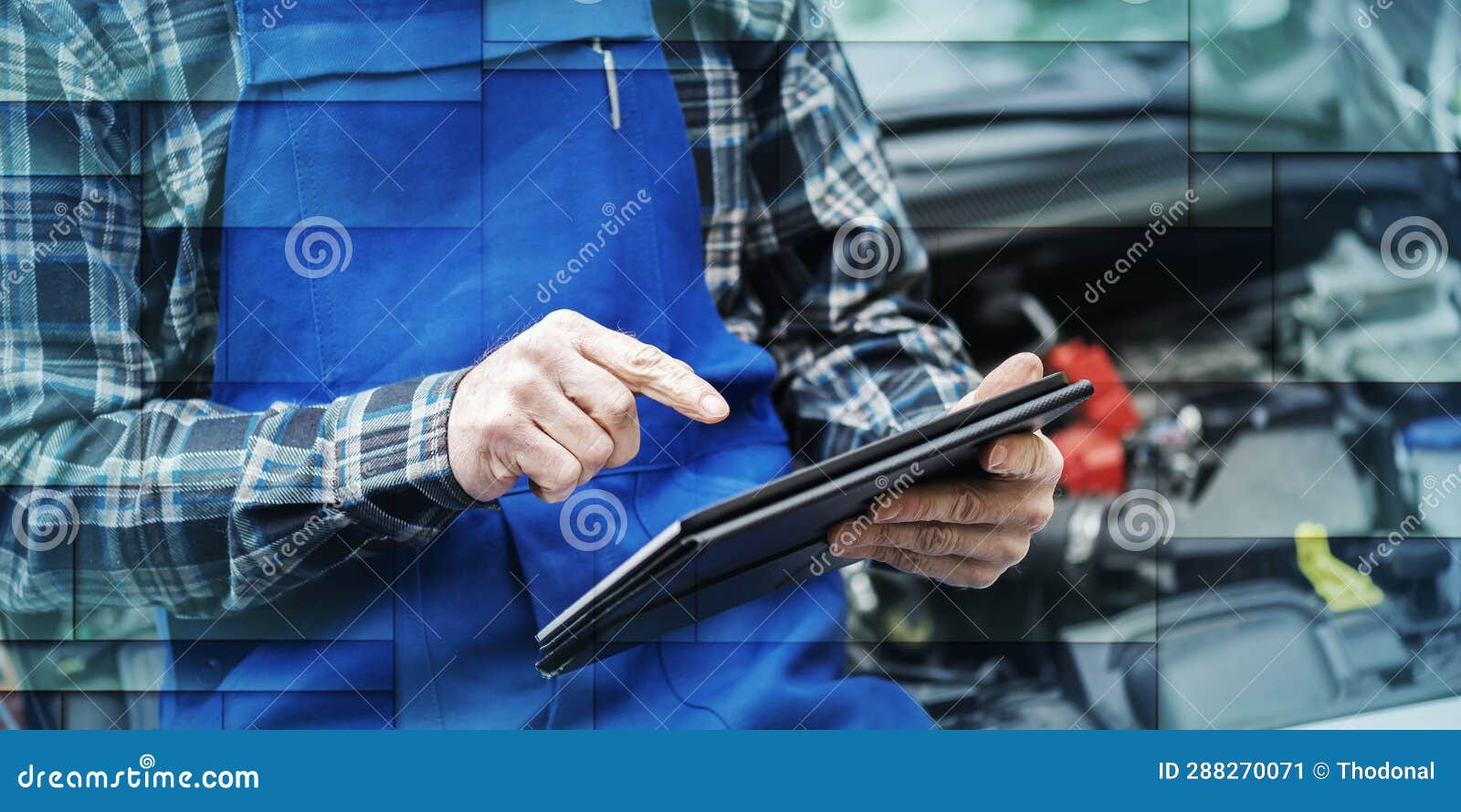Mechanic Using Digital Tablet for Checking Car Engine, Geometric ...
