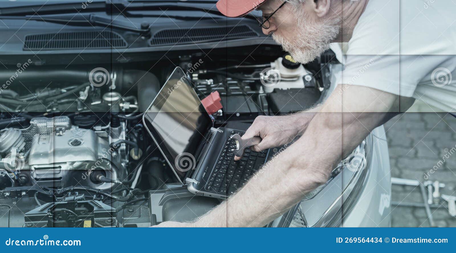 Mechanic Using Laptop for Checking Car Engine, Geometric Pattern Stock ...