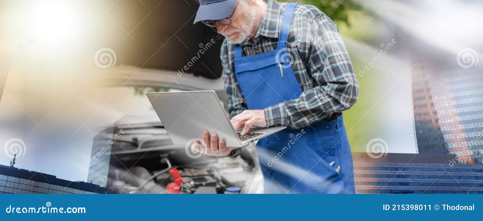 Mechanic Using Laptop for Checking Car Engine; Multiple Exposure Stock ...