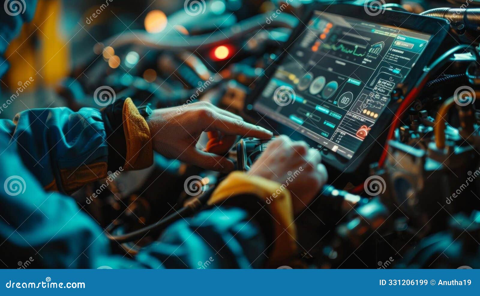Mechanic Using Tablet To Diagnose Engine in High-Tech Workshop Stock ...