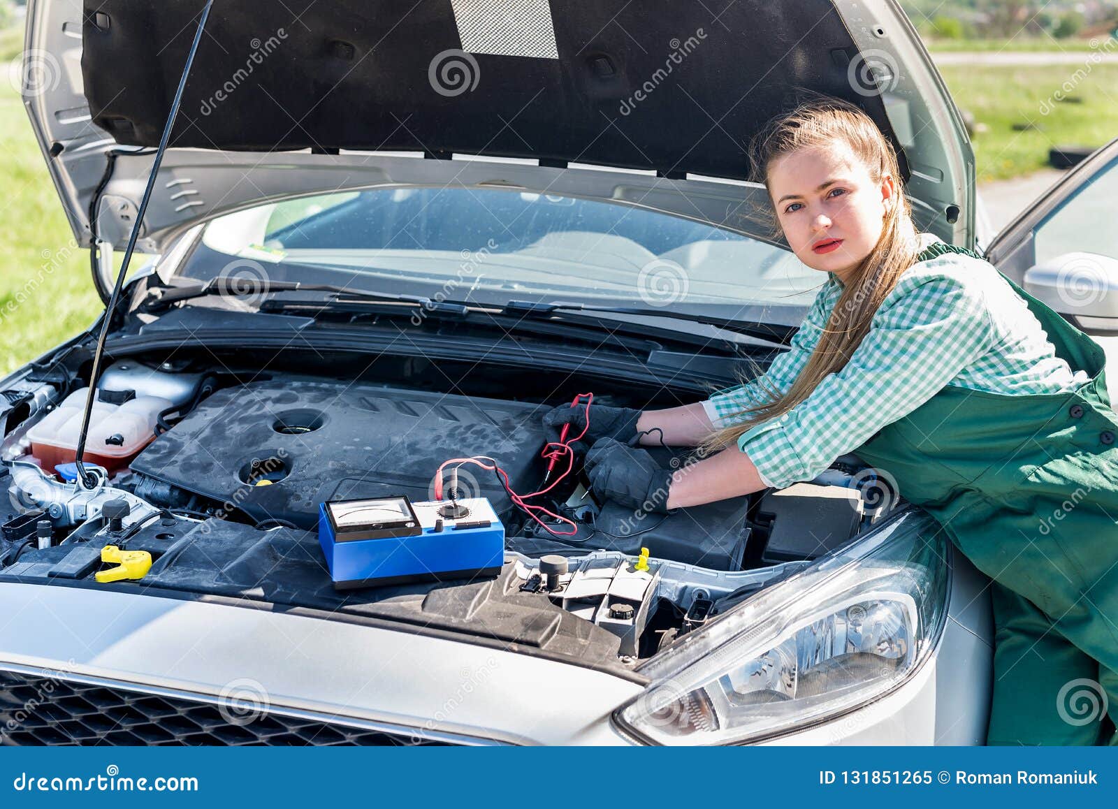 Mechanic - Woman Tests Motor with Tester Stock Image - Image of hood ...