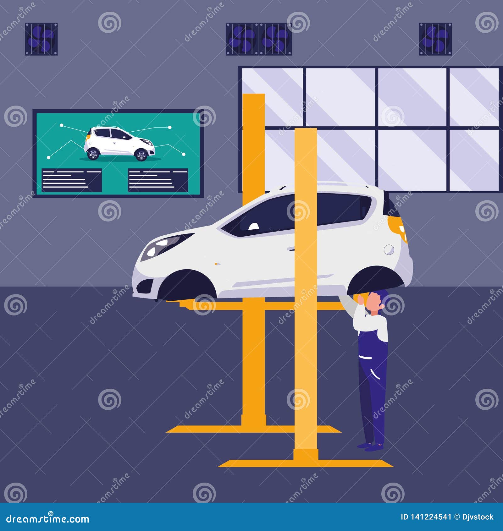 Mechanic Worker with Car in Platform Stock Vector - Illustration of ...
