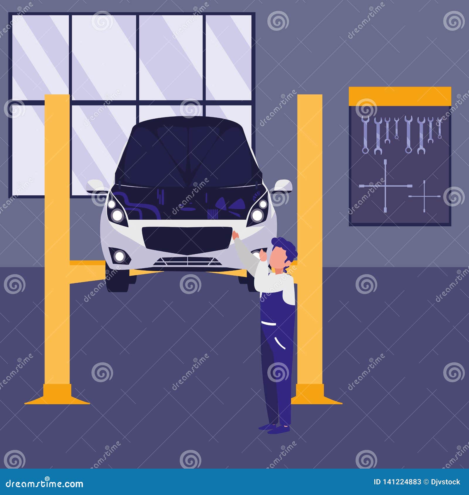 Mechanic Worker with Car in Platform Stock Vector - Illustration of ...