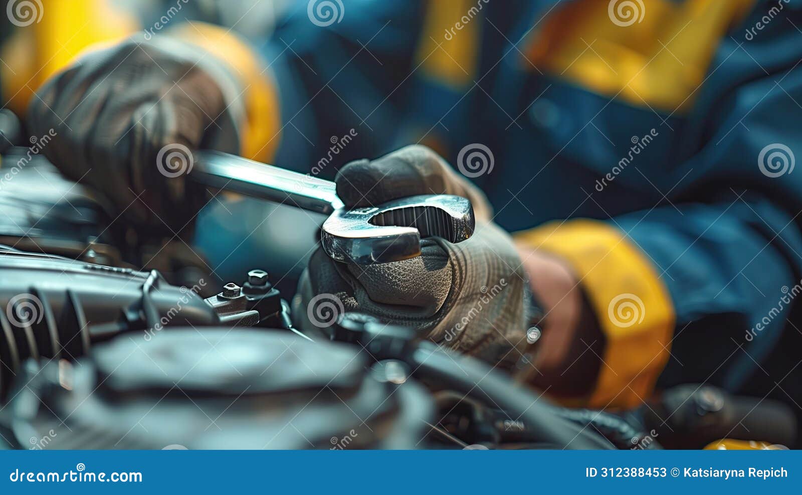 A Mechanic is Working on a Car Engine with a Wrench Stock Image - Image ...