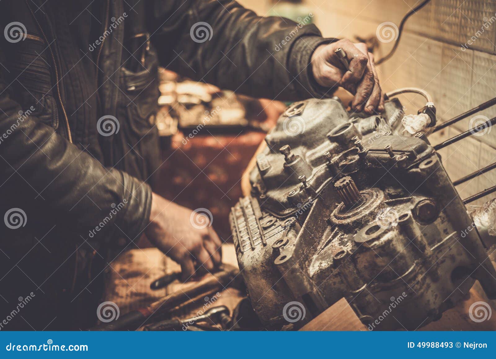 Mechanic Working with with Motorcycle Engine Stock Image - Image of ...