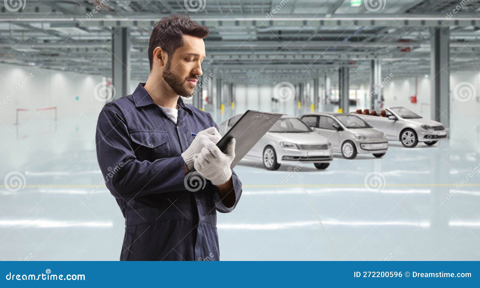 Mechanic Writing a Document in a Automotive Workshop Stock Photo ...