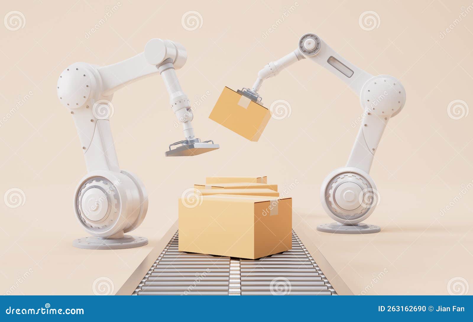 Mechanical Arm and Cardboard Box, 3d Rendering Stock Illustration ...