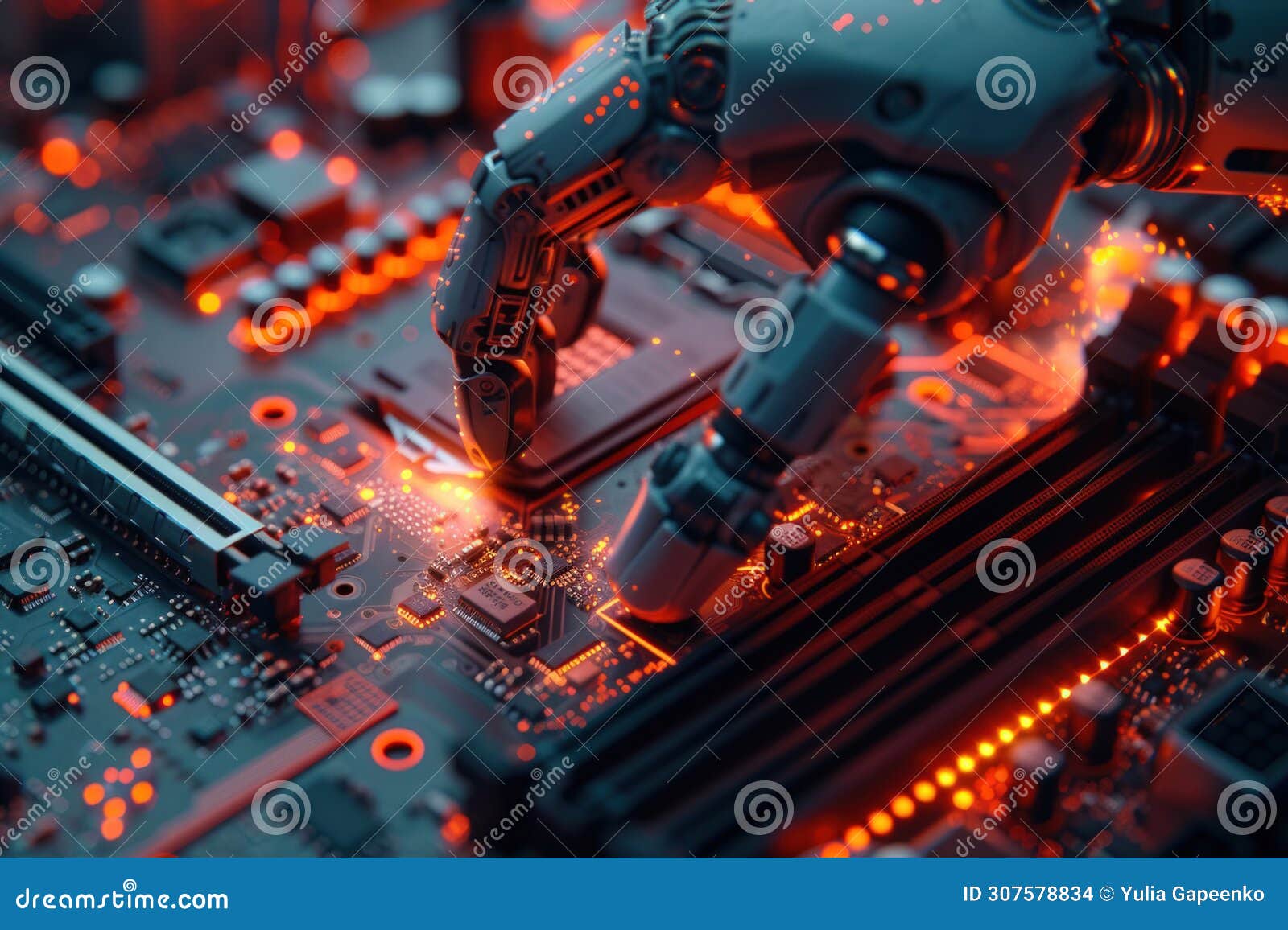 A Mechanical Arm Working on a Computer Motherboard Stock Photo - Image ...