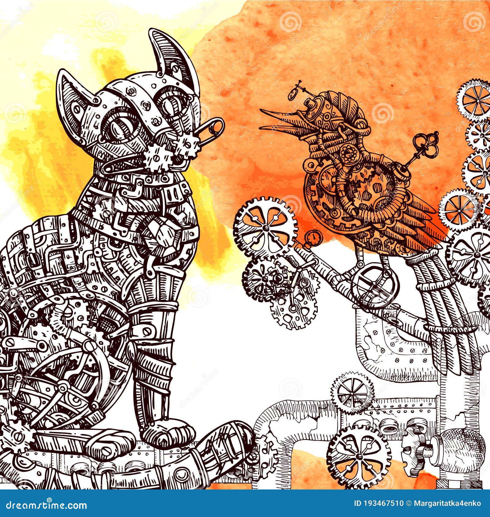 Mechanical Cat. Hand Drawn Vector Illustration Stock Vector ...