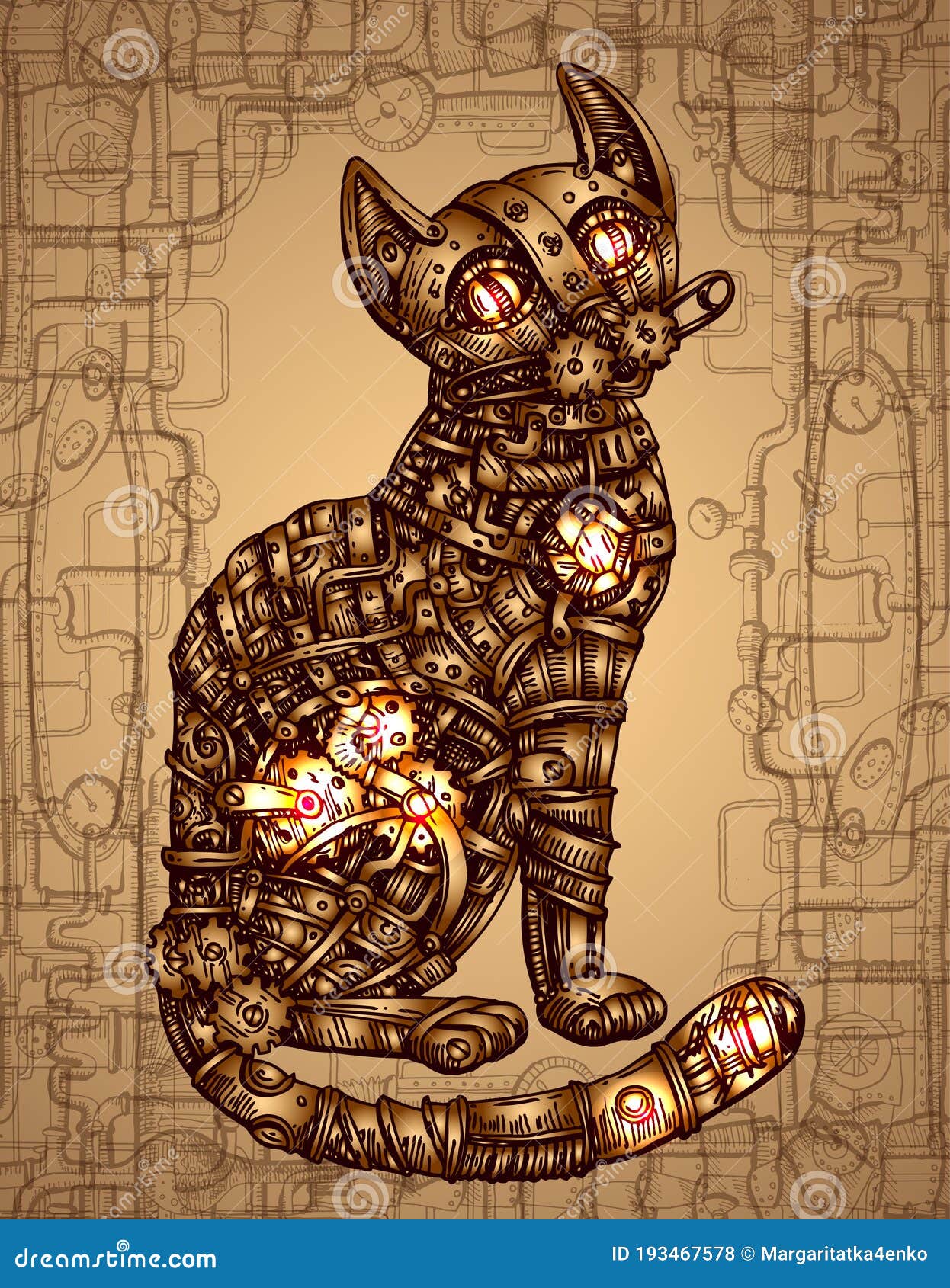Mechanical Cat. Hand Drawn Vector Illustration Stock Vector ...