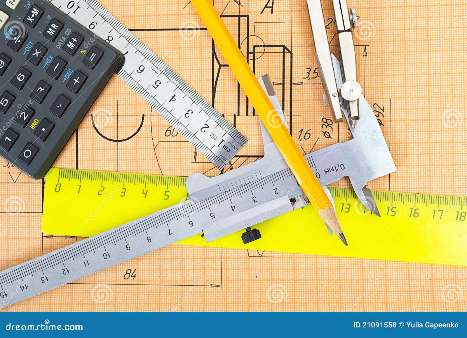 Mechanical Circuit, Ruler, Compass, Calipers Stock Photo - Image of ...