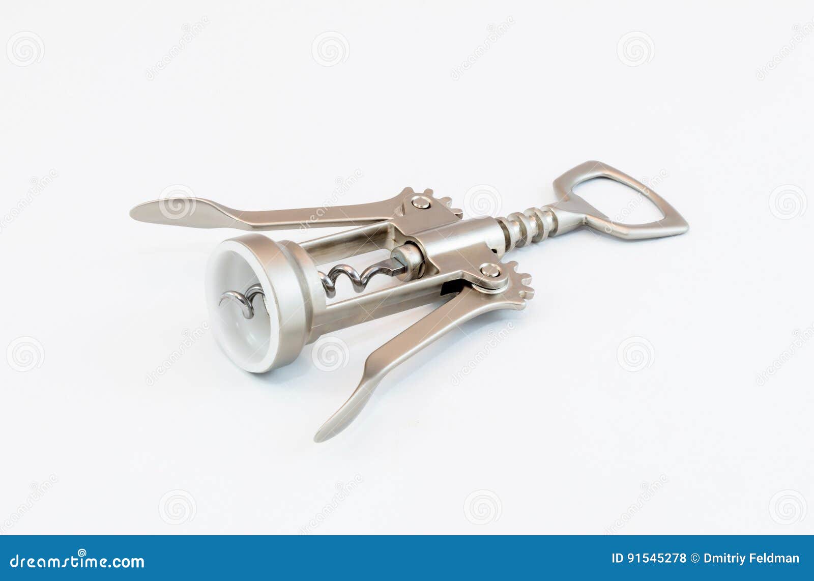 Mechanical Corkscrew Made of Light Brushed Metal on White Background ...