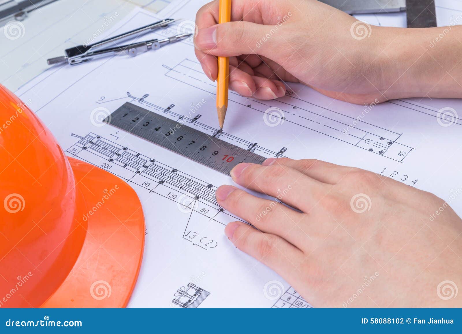 Mechanical Design Engineer in Drawing Stock Photo - Image of background ...
