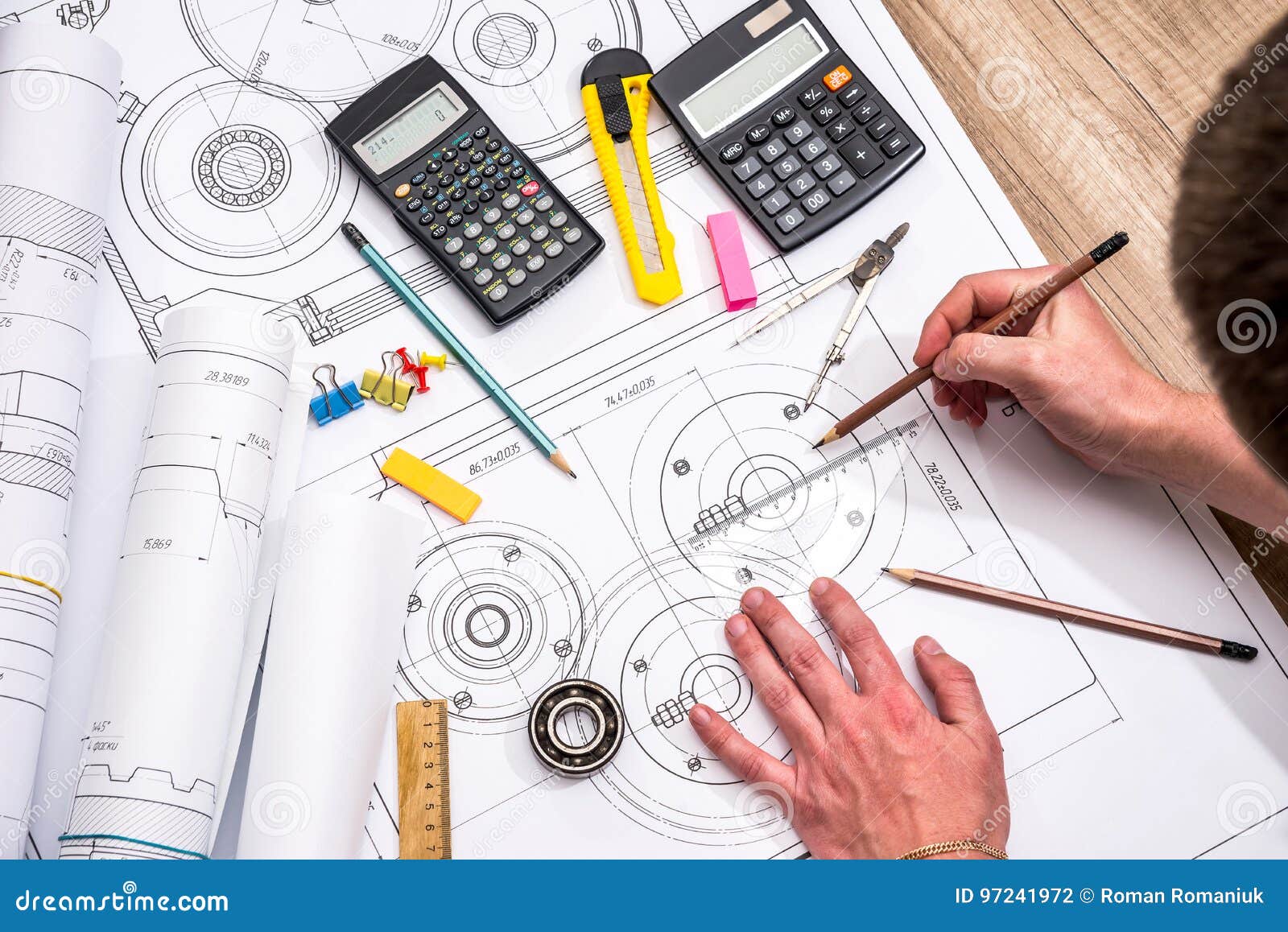 Mechanical Engineer with Work at Technical Drawings Stock Photo - Image ...