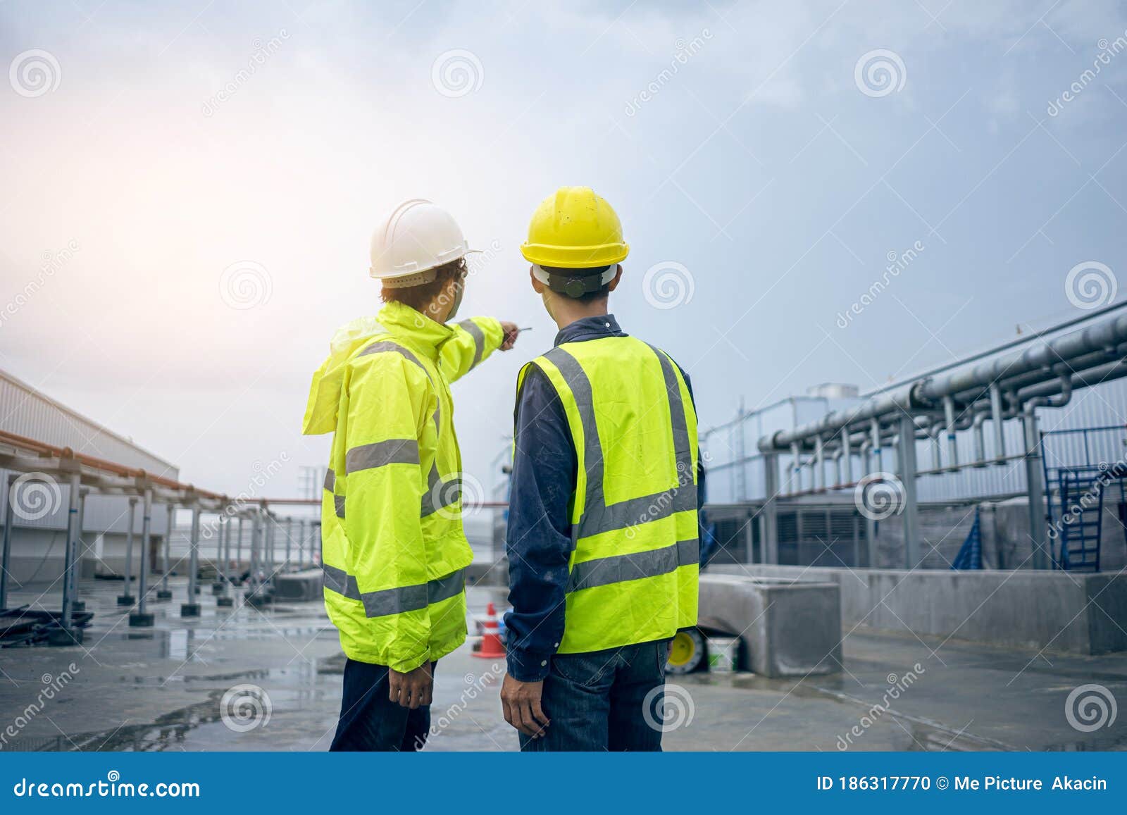 Mechanical Engineer Working Install Chilled Water Pipe System. Stock ...