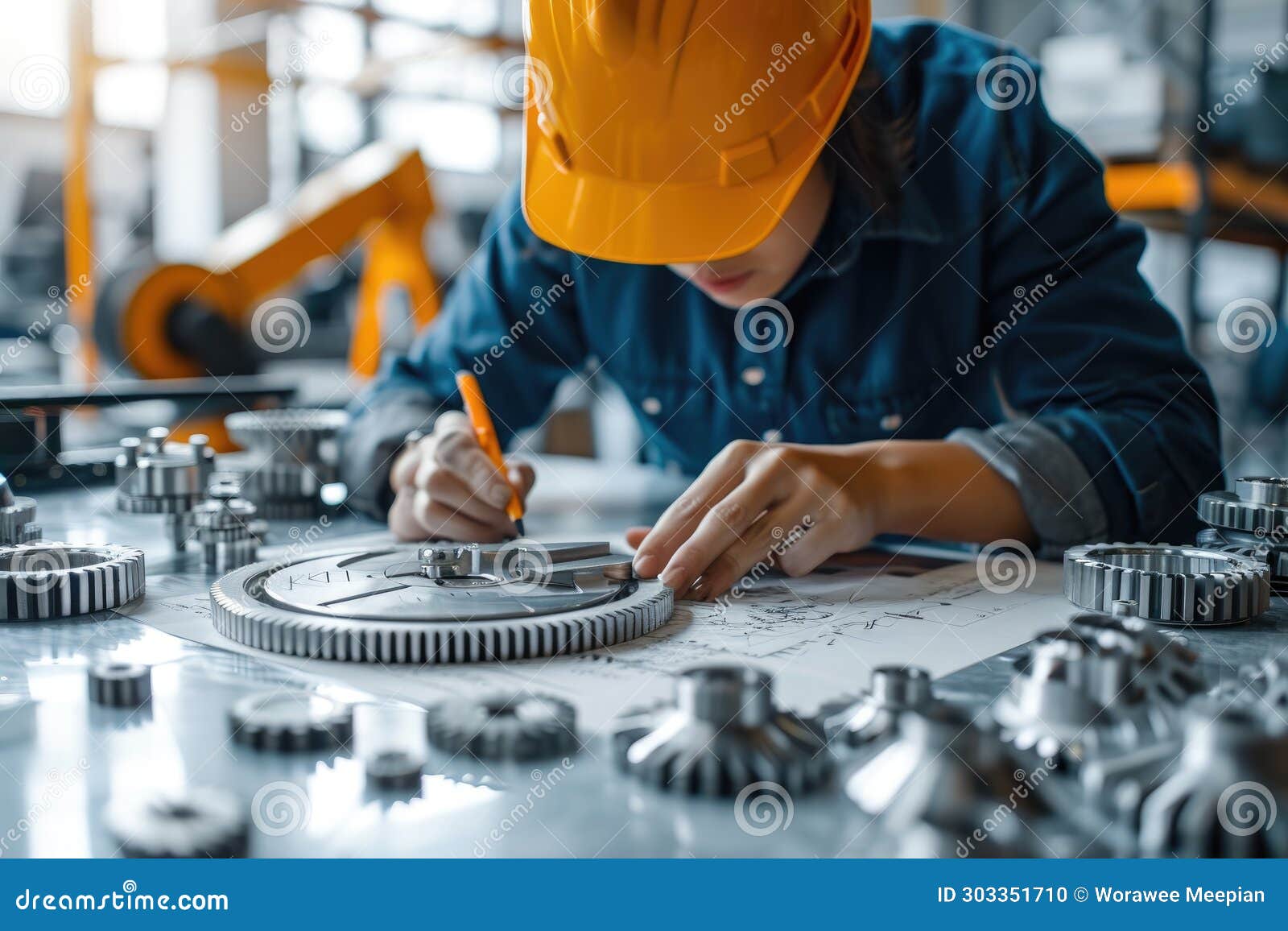 Mechanical Engineer Working with Machine and Gear and Blueprint ...