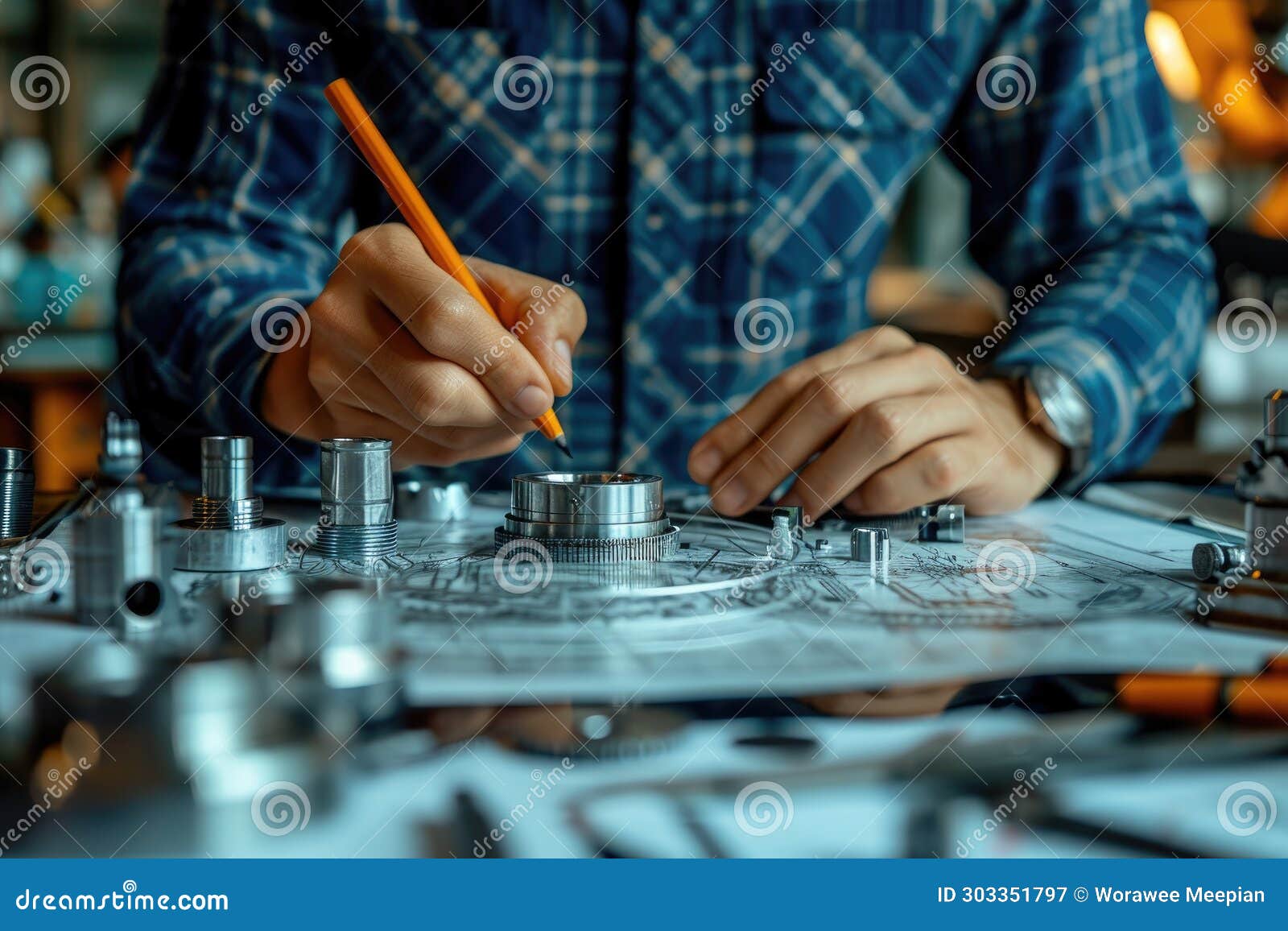 Mechanical Engineer Working with Machine and Gear and Blueprint ...