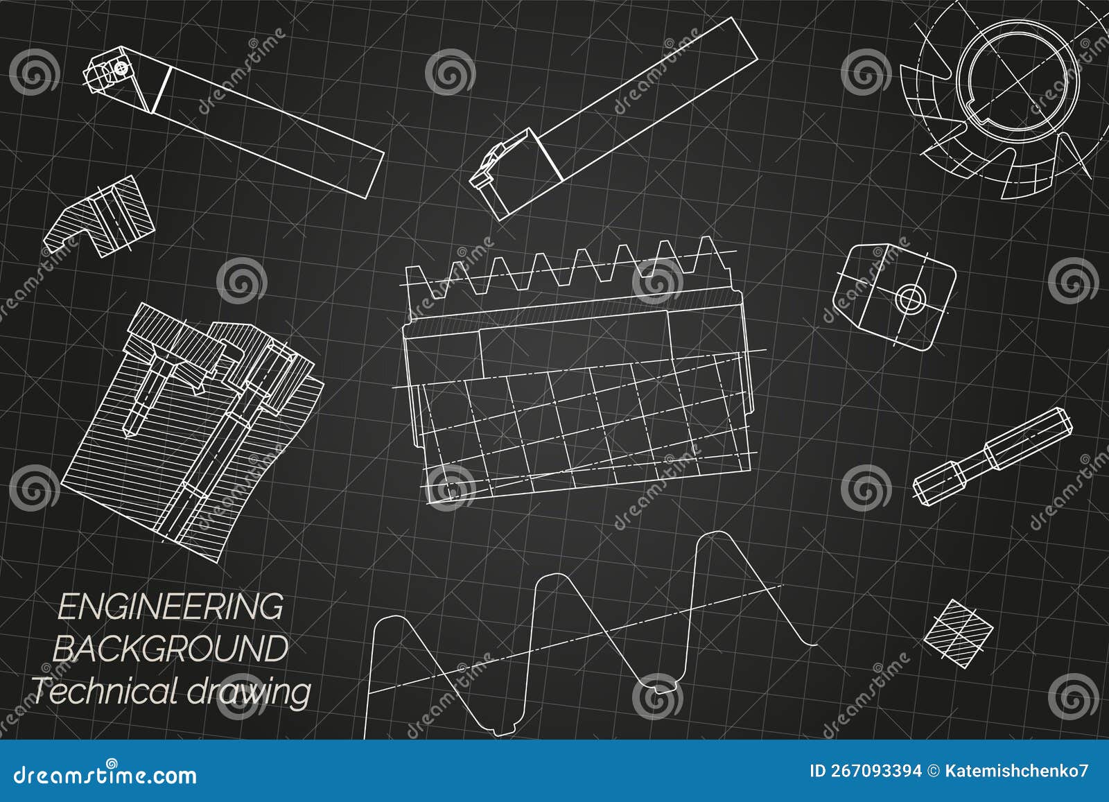 Mechanical Engineering Drawings On Black Background. Tap Tools, Borer ...