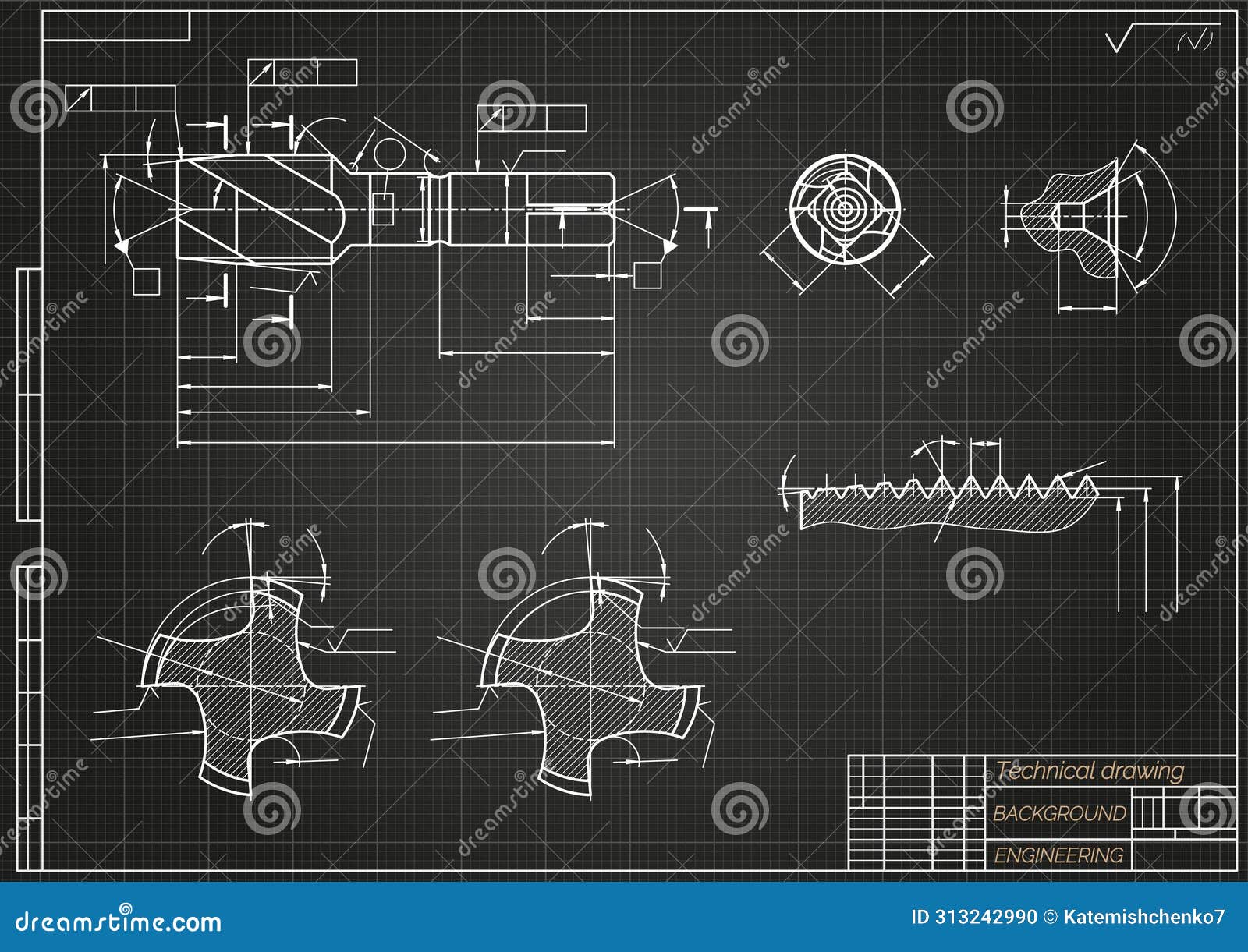 Mechanical Engineering Drawings On Black Background. Tap Tools, Borer ...