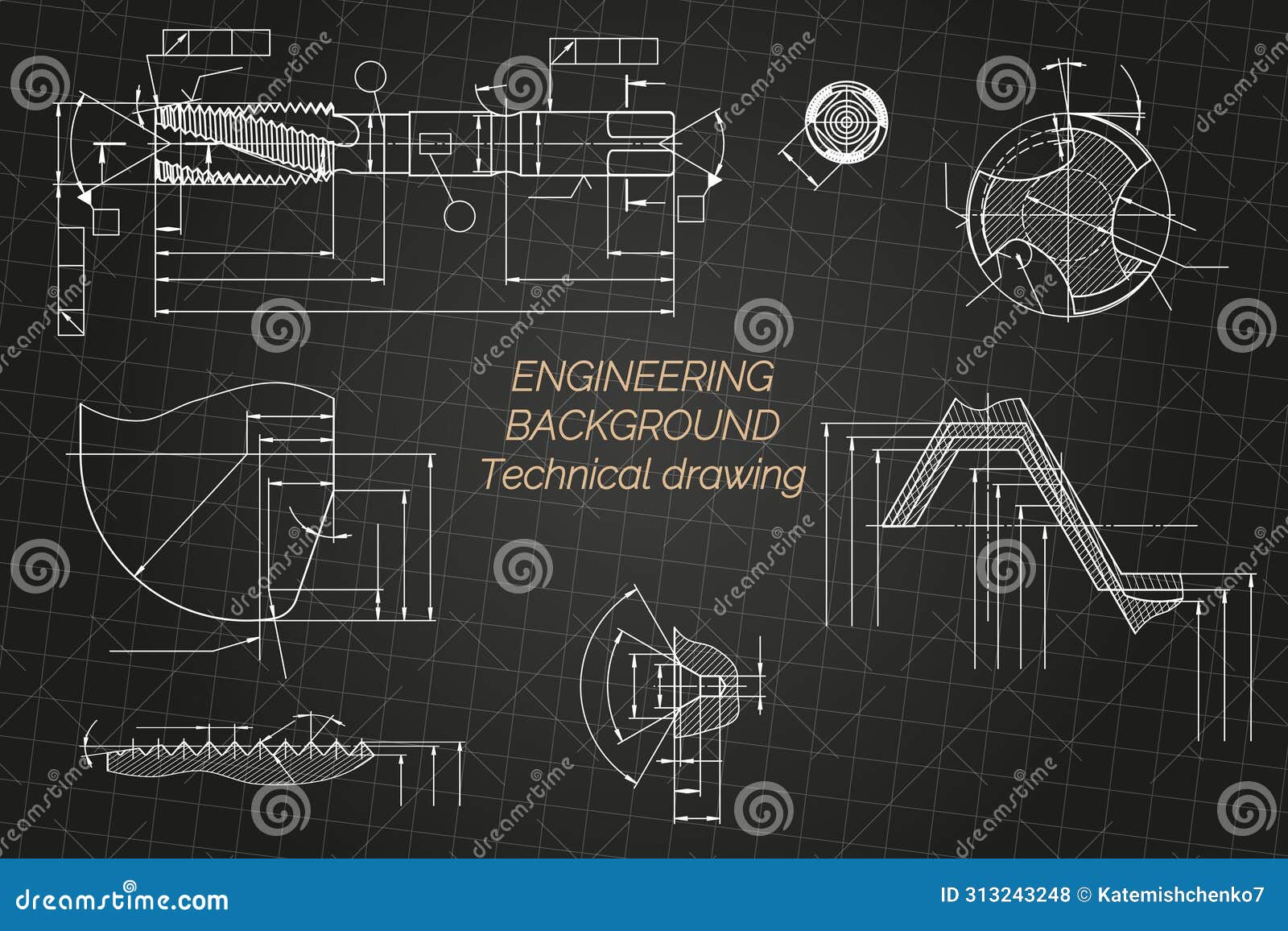 Mechanical Engineering Drawings on Black Background. Tap Tools, Borer ...