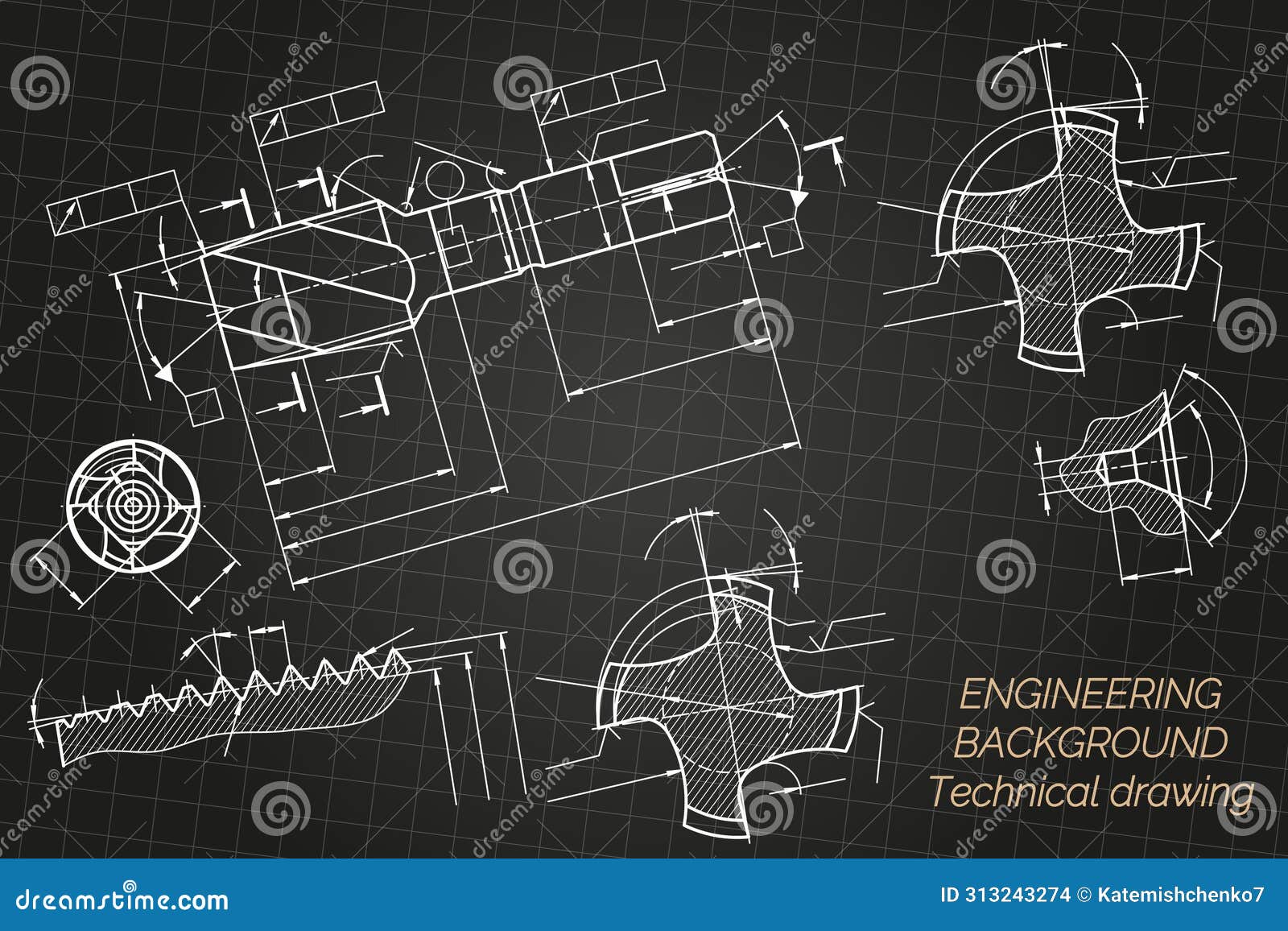 Mechanical Engineering Drawings on Black Background. Tap Tools, Borer ...