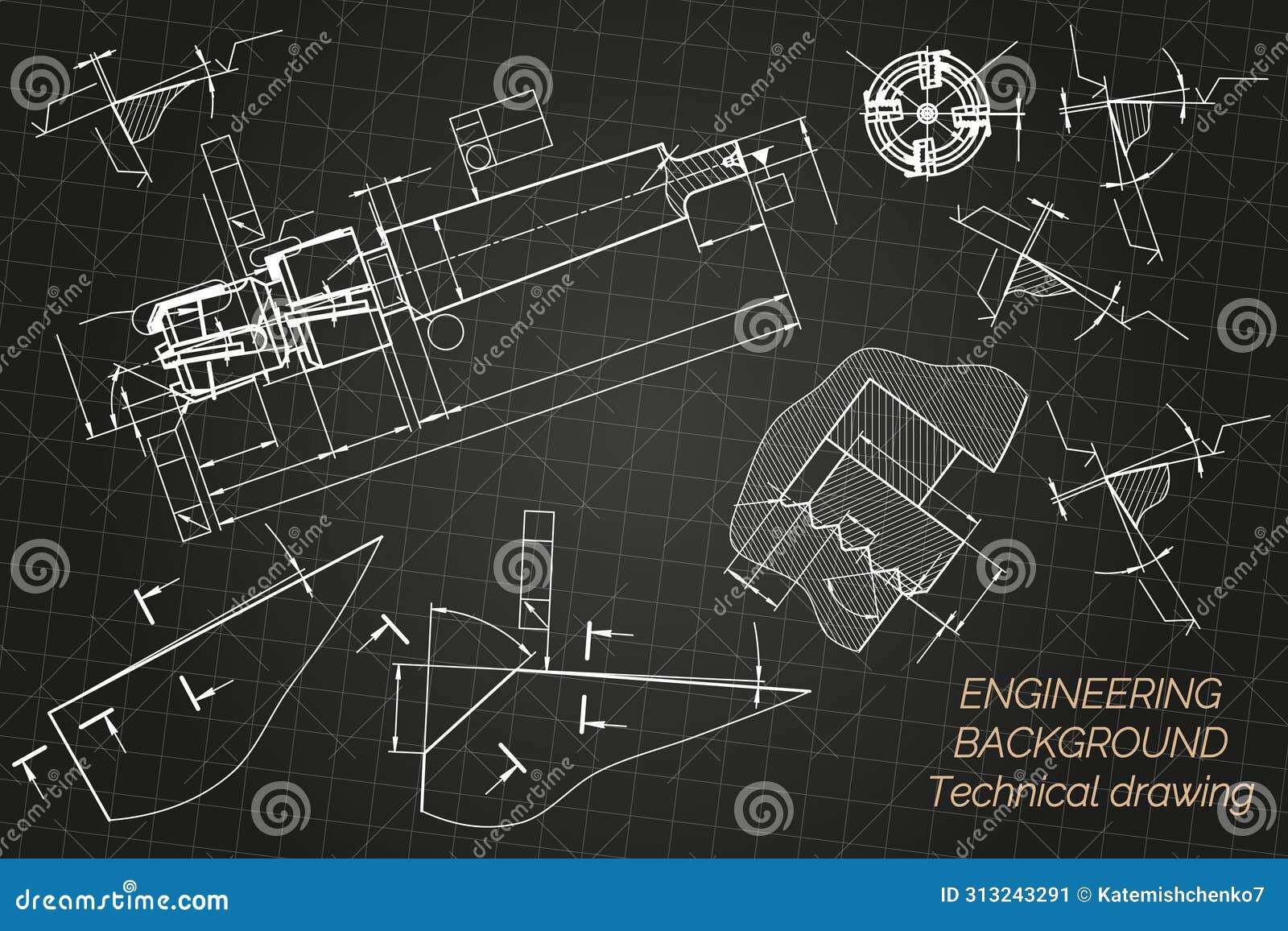 Mechanical Engineering Drawings On Black Background. Tap Tools, Borer ...