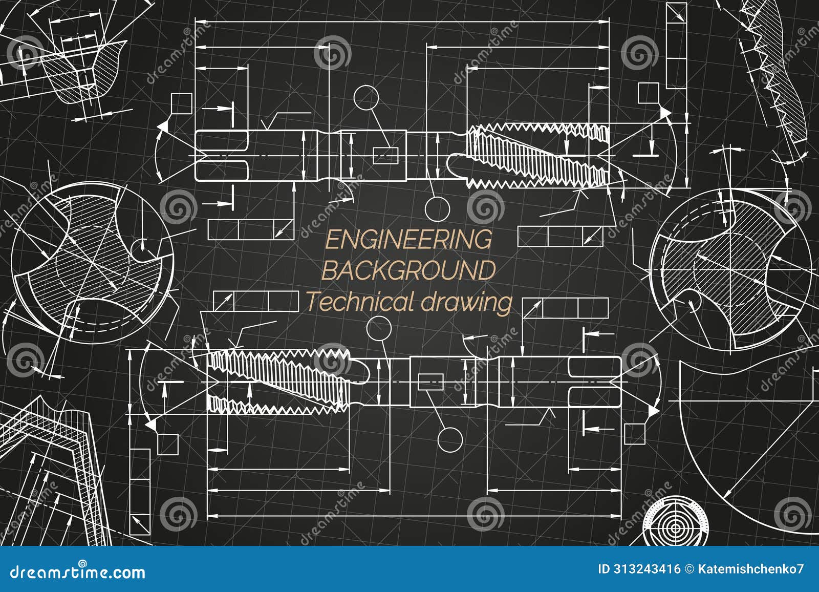 Mechanical Engineering Drawings on Black Background. Tap Tools, Borer ...