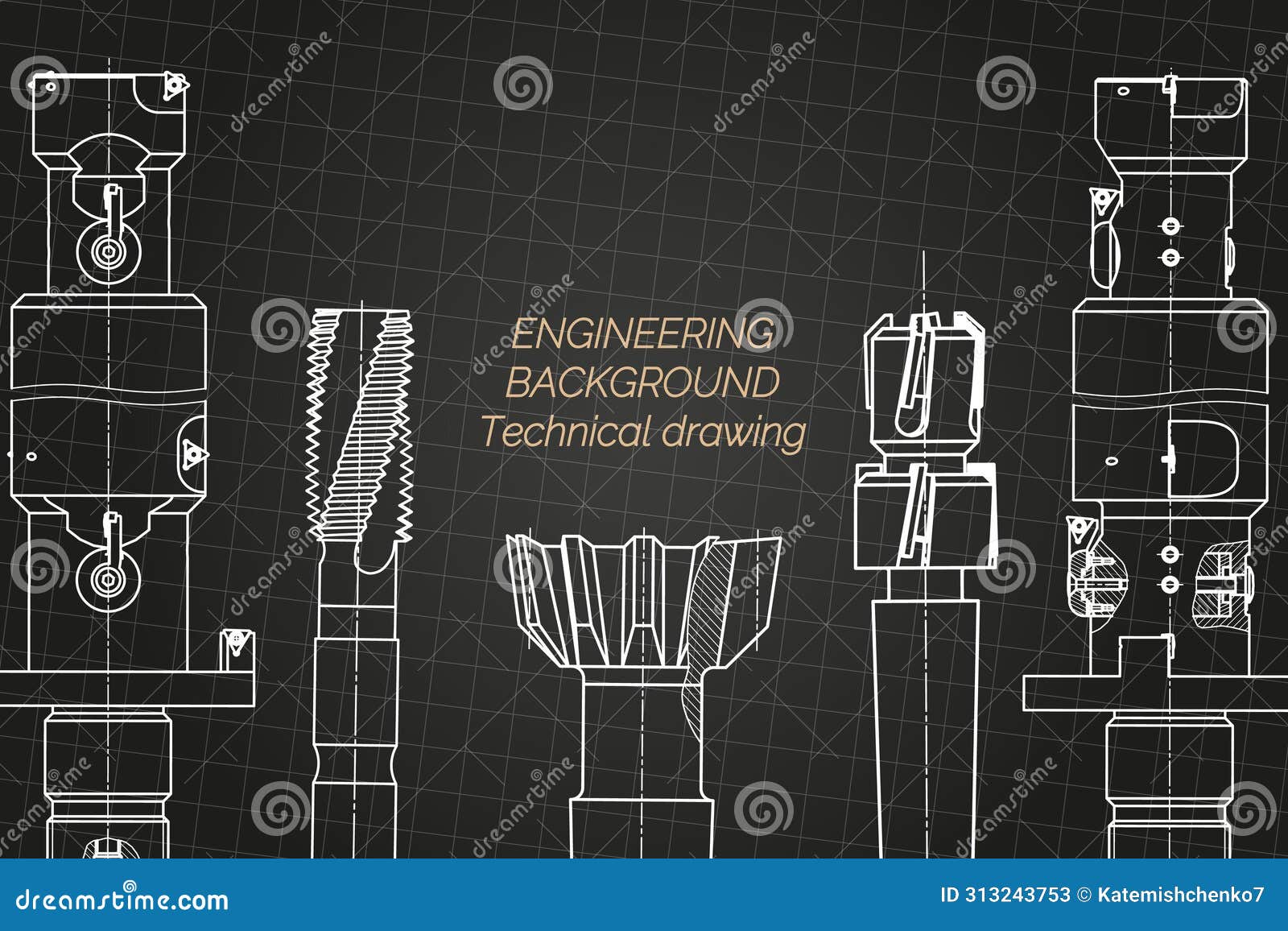 Mechanical Engineering Drawings on Black Background. Tap Tools, Borer ...