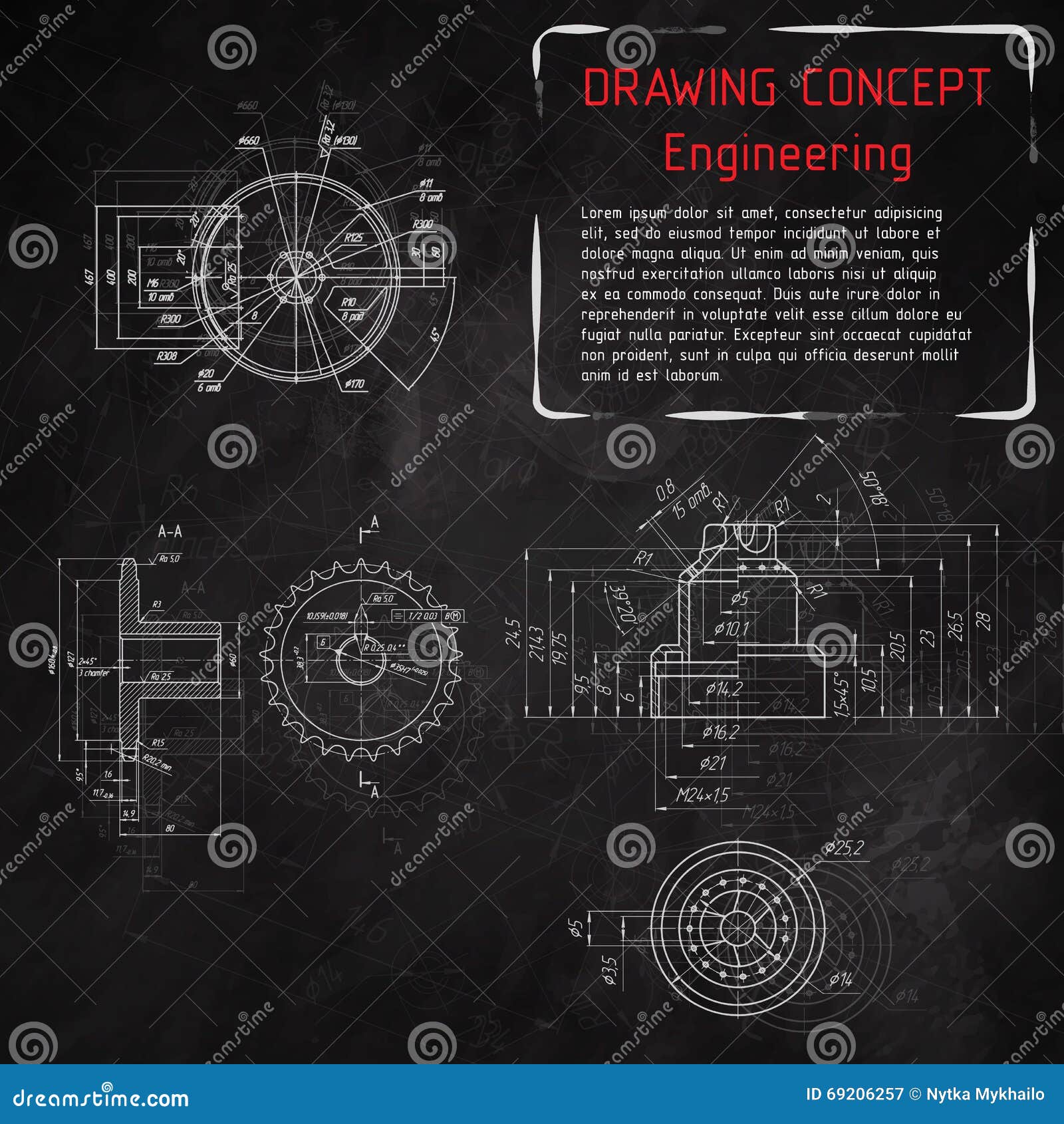 Mechanical Engineering Drawings On Blue Background. Broach. Technical ...