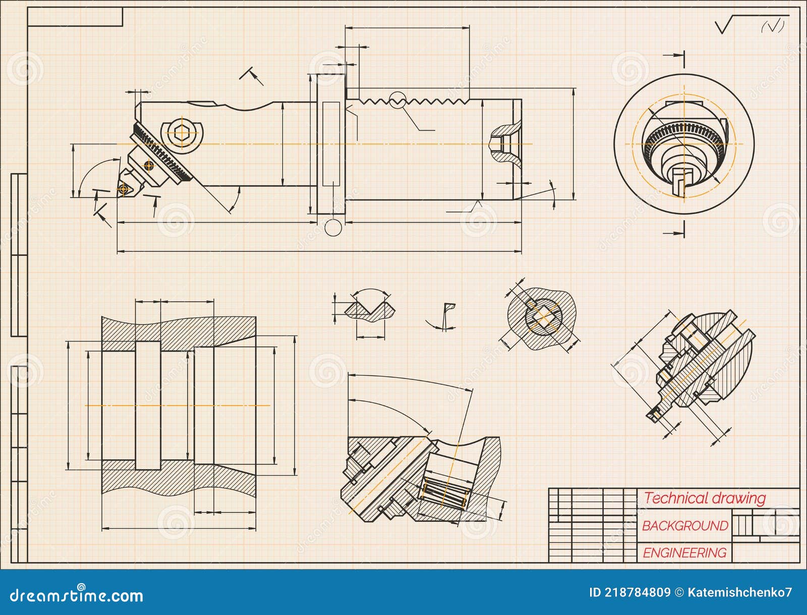 Mechanical Engineering Drawings on Blue Background. Boring Bar with ...