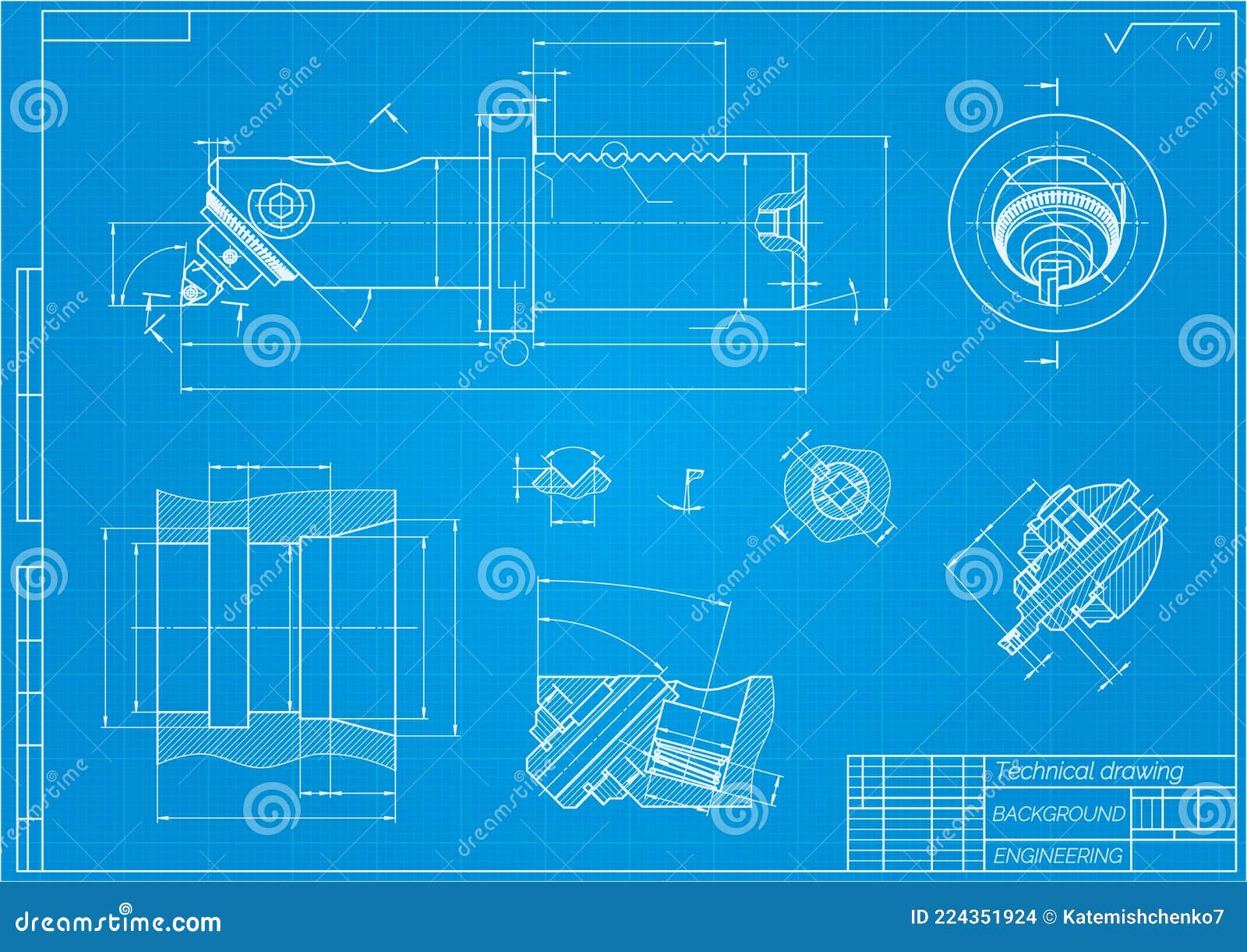 Mechanical Engineering Drawings on Blue Background. Boring Bar with ...