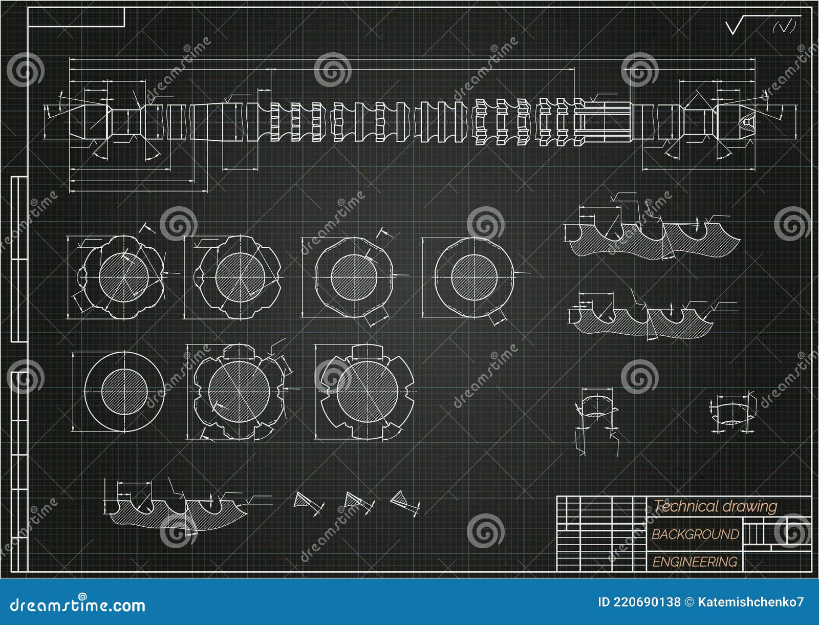Mechanical Engineering Drawings on Blue Background. Broach. Technical ...
