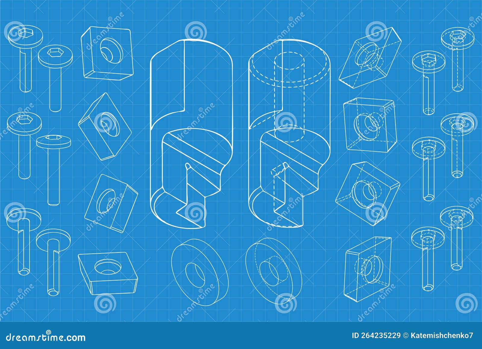 Mechanical Engineering Drawings on Blue Background. Cutter, Assembly ...