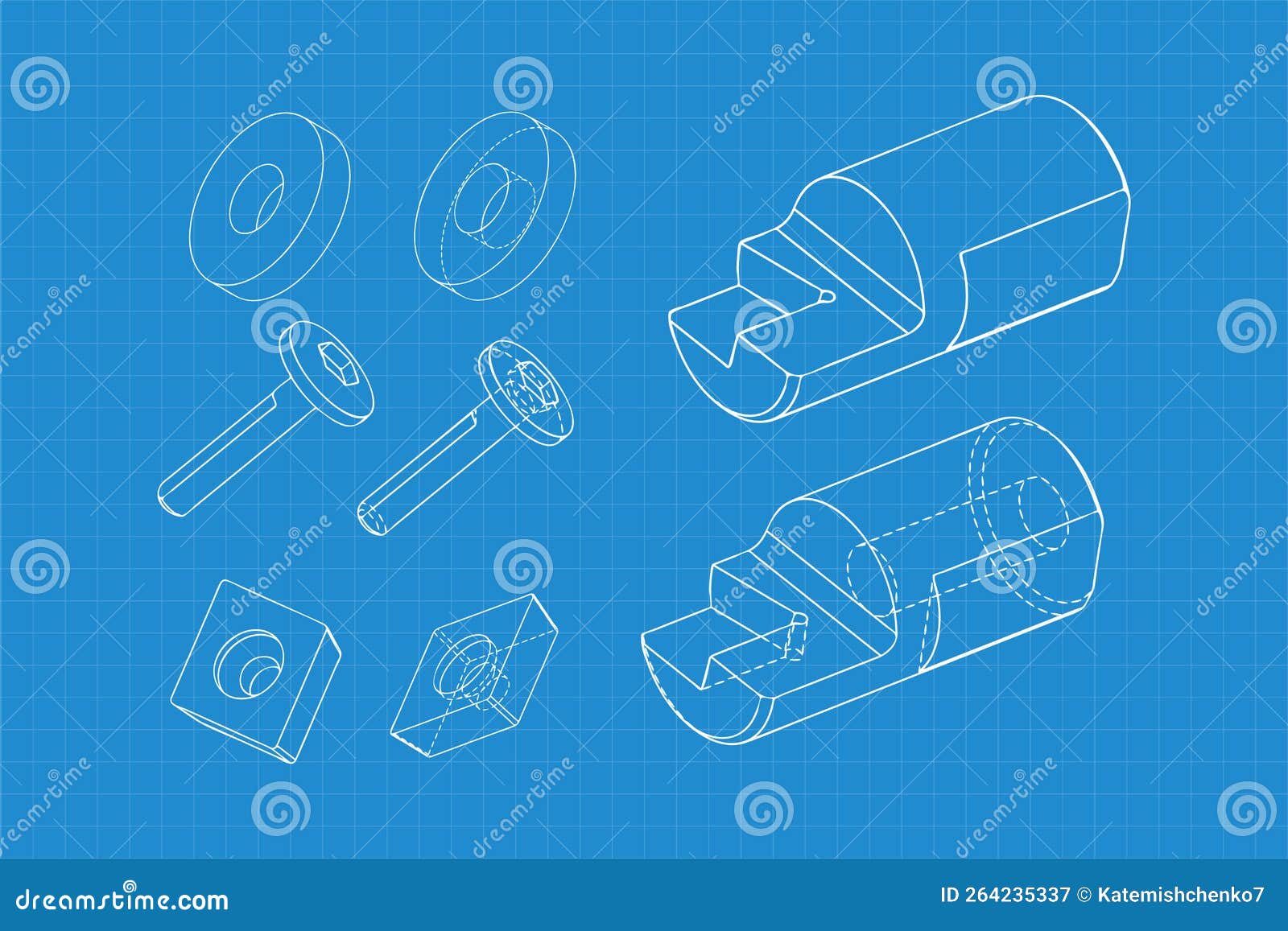 Mechanical Engineering Drawings on Blue Background. Cutter, Assembly ...