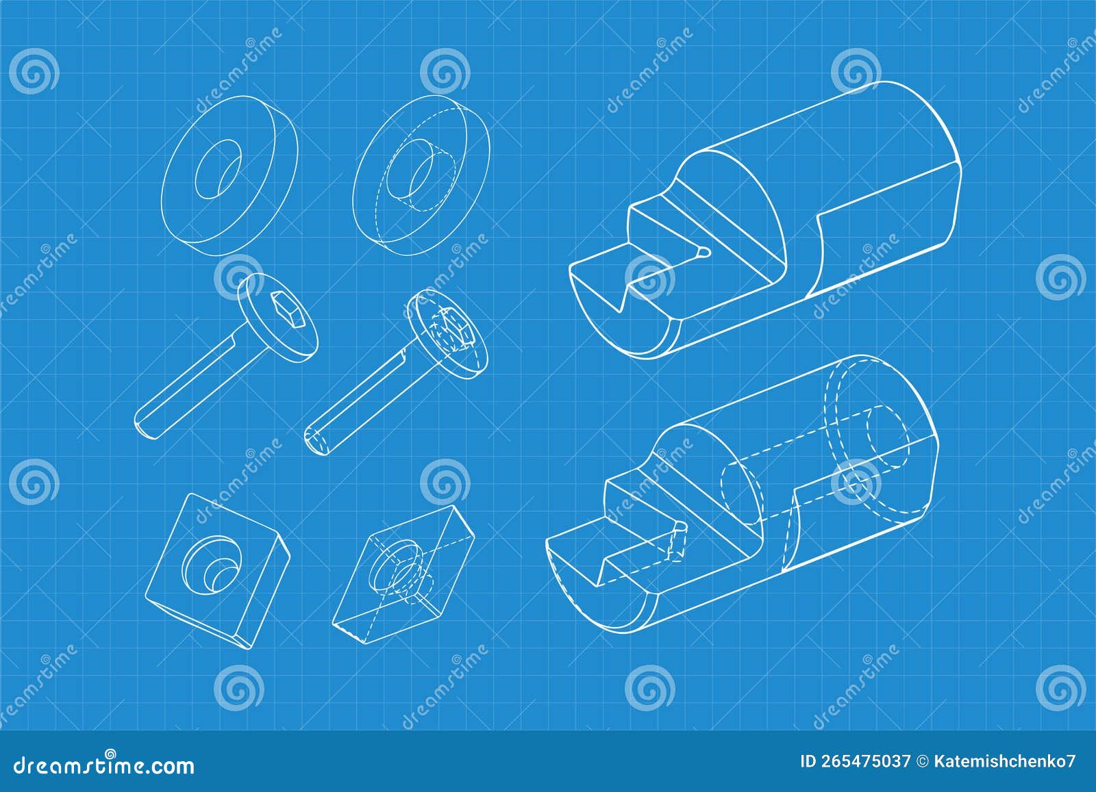 Mechanical Engineering Drawings on Blue Background. Cutter, Assembly ...