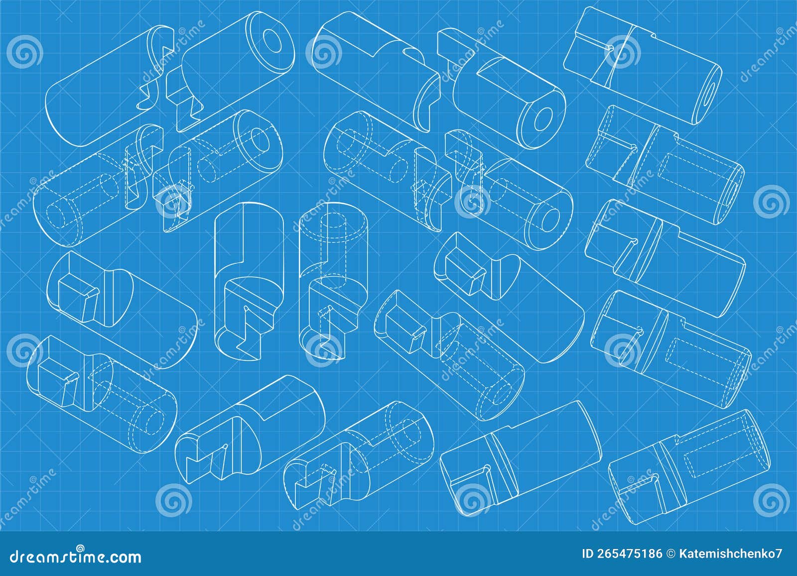 Mechanical Engineering Drawings on Blue Background. Cutter, Assembly ...