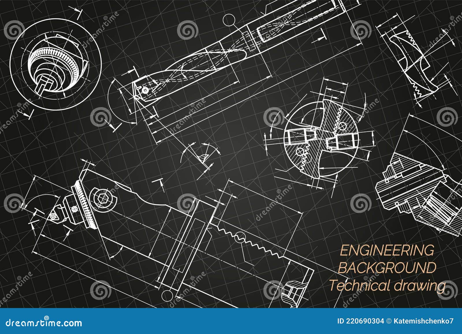 Mechanical Engineering Drawings on Blue Background. Drill Tools, Borer ...