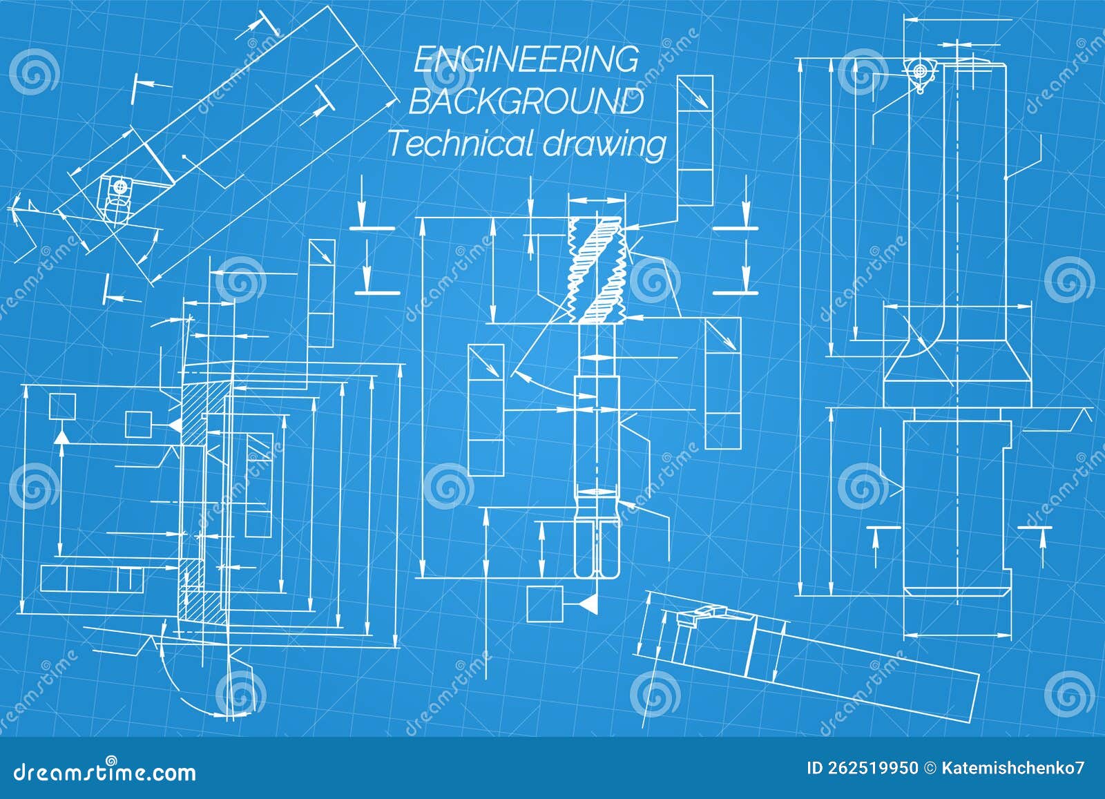 Mechanical Engineering Drawings On Blue Background. Tap Tools, Borer ...