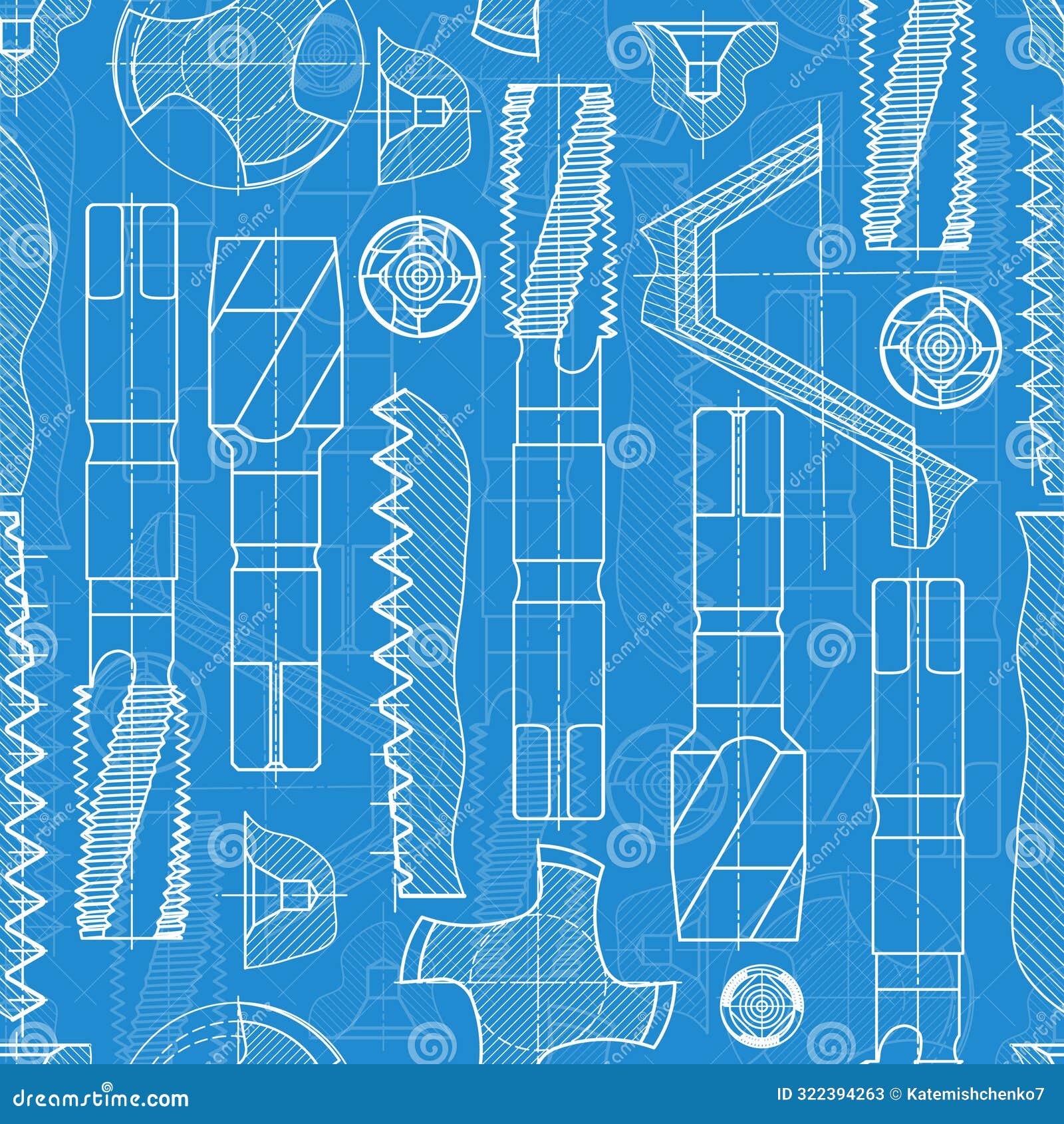 Mechanical Engineering Drawings on Blue Background. Tap Tools, Borer ...