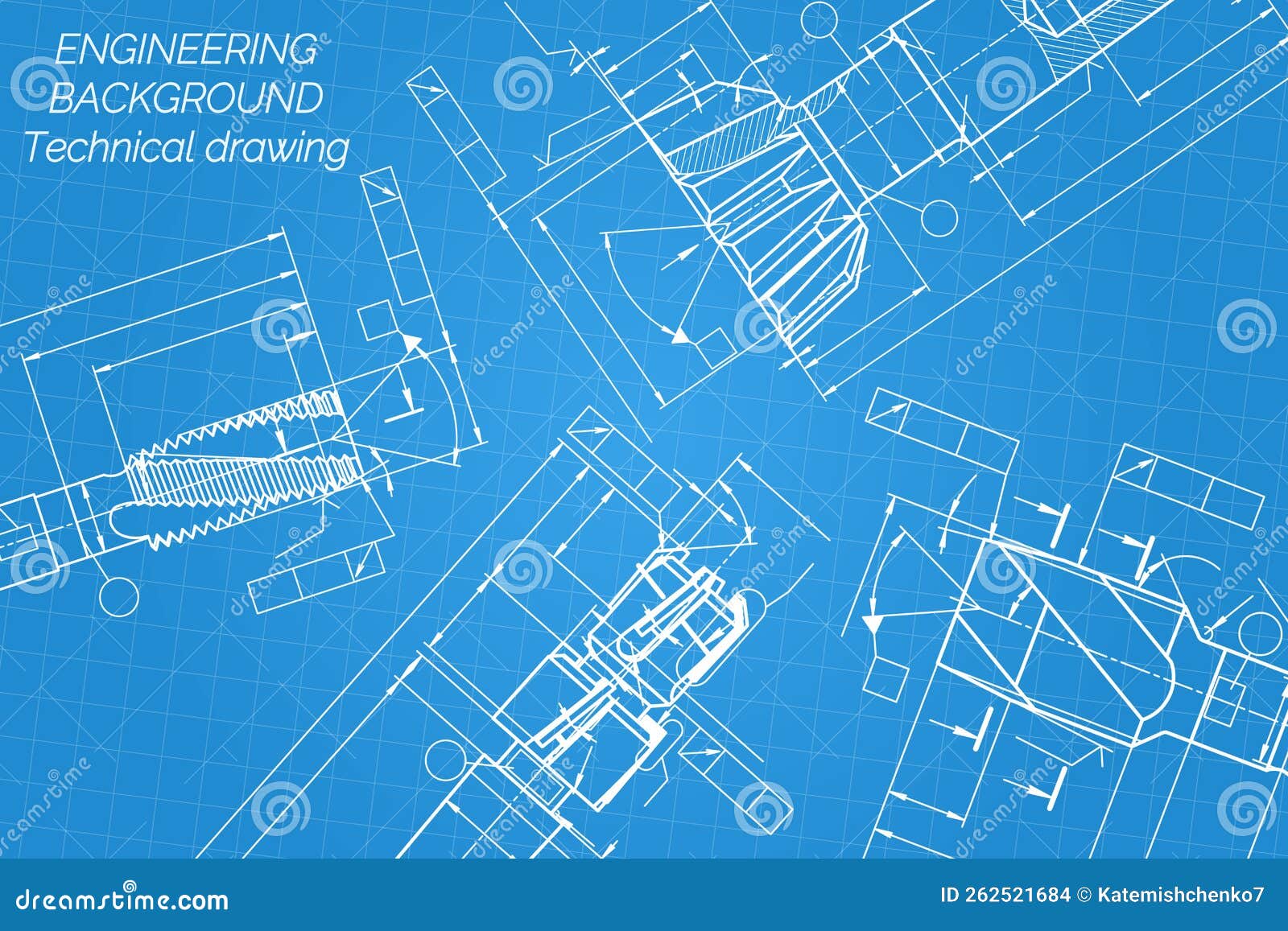 Mechanical Engineering Drawings on Blue Background. Tap Tools, Borer ...