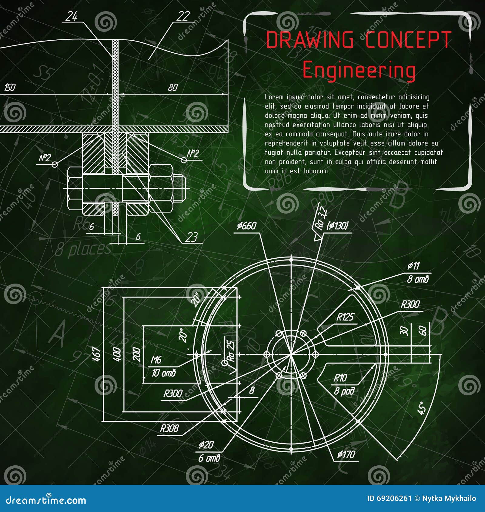 Mechanical Engineering Drawings on Green Blackboard Stock Illustration ...