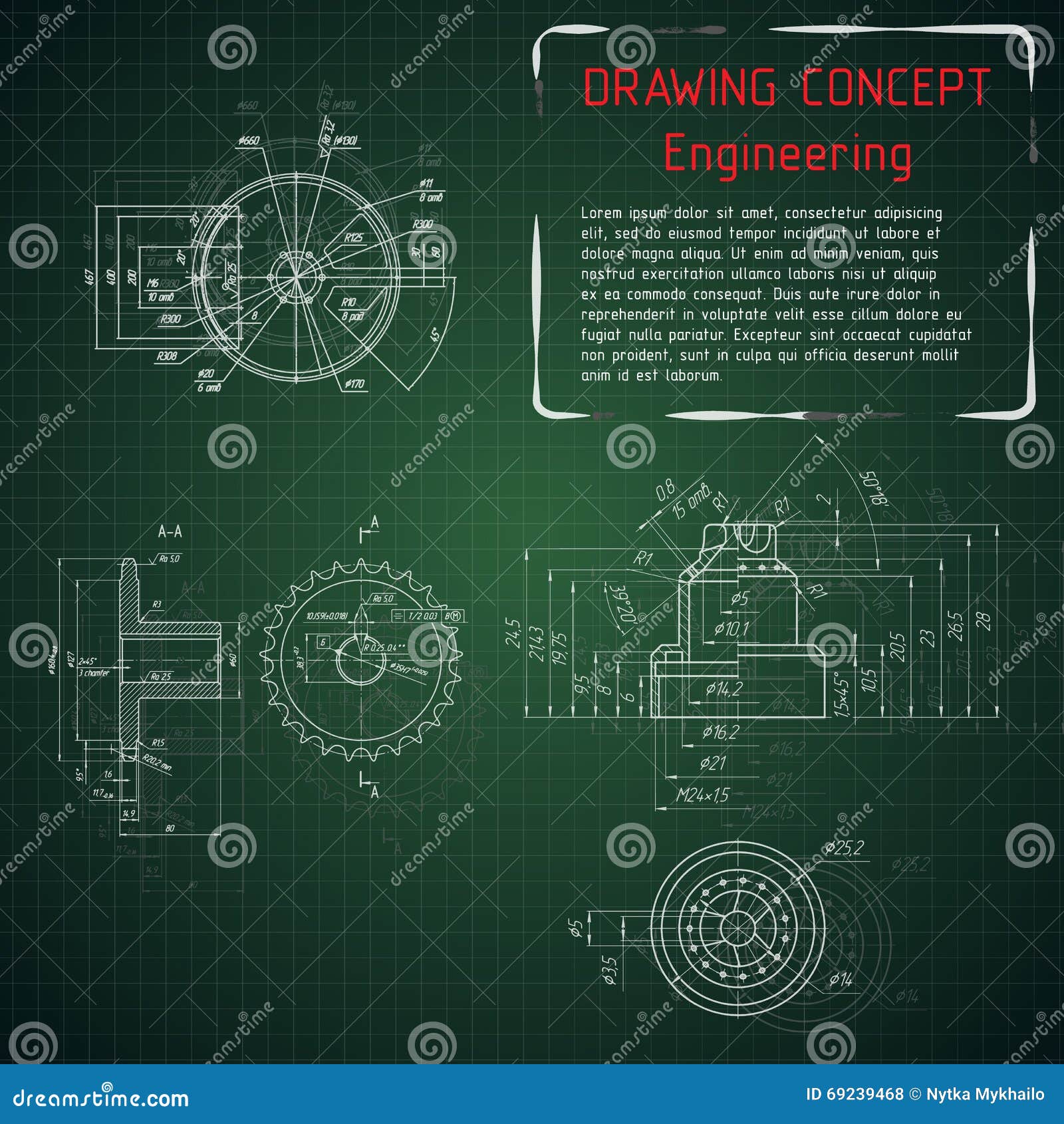 Mechanical Engineering Drawings on Green Blackboard Stock Vector ...