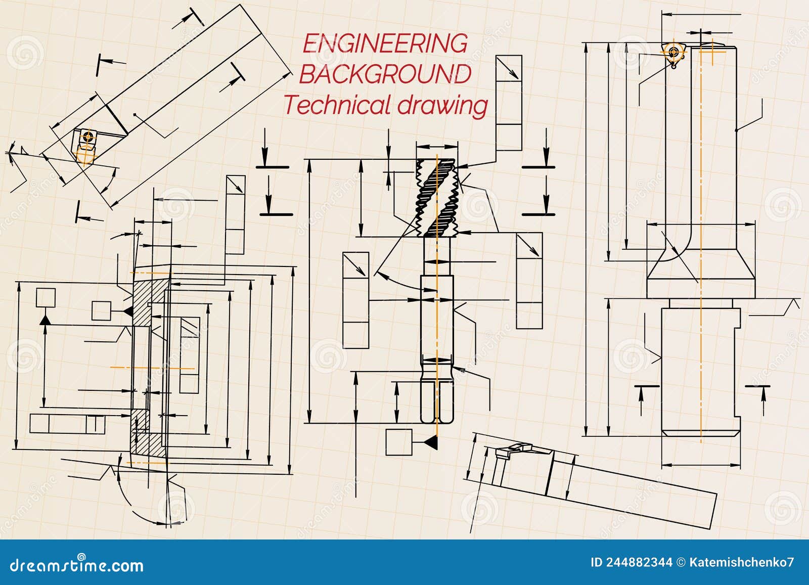 Mechanical Engineering Drawings on Light Background. Tap Tools, Borer ...
