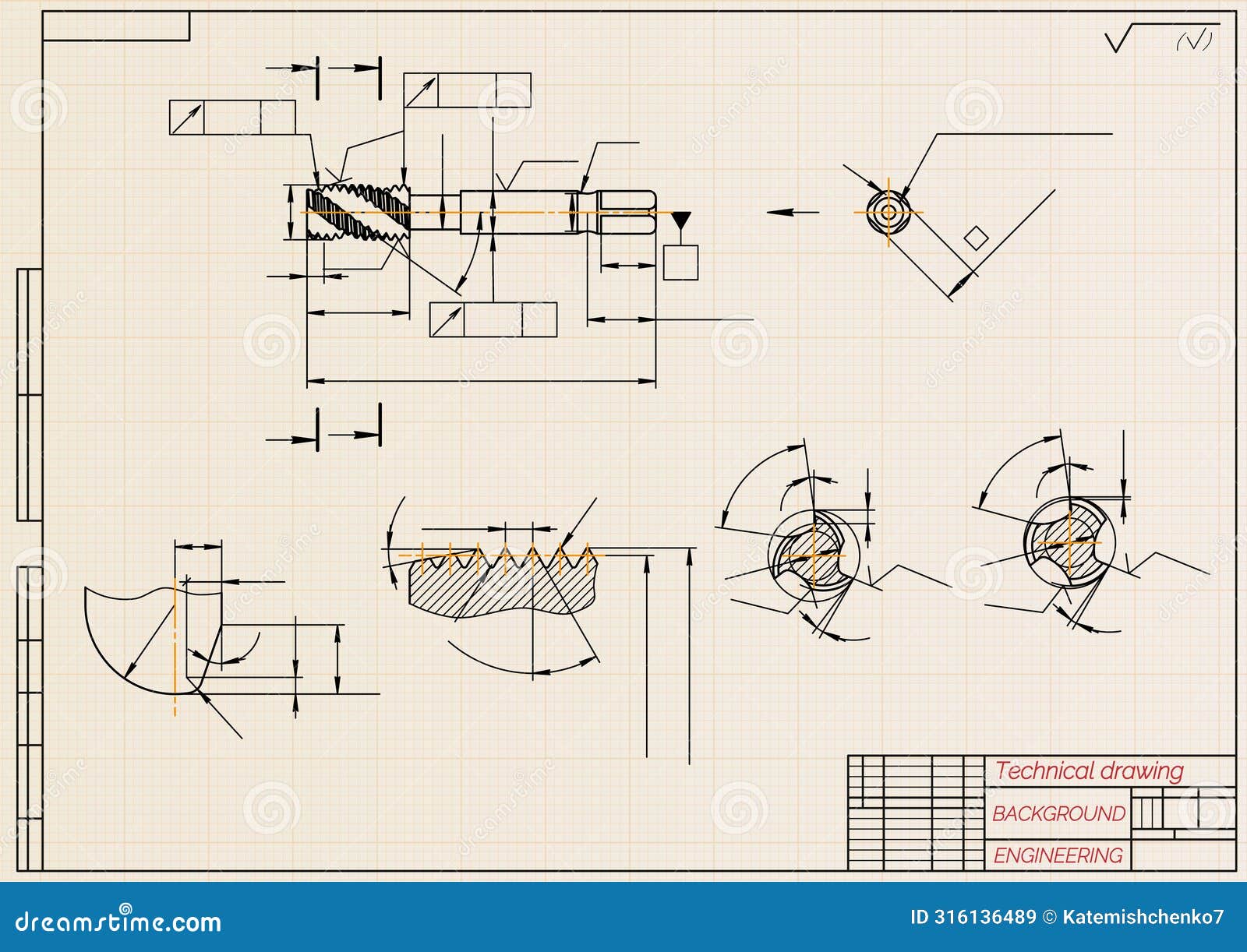Mechanical Engineering Drawings on Light Background. Tap Tools, Borer ...