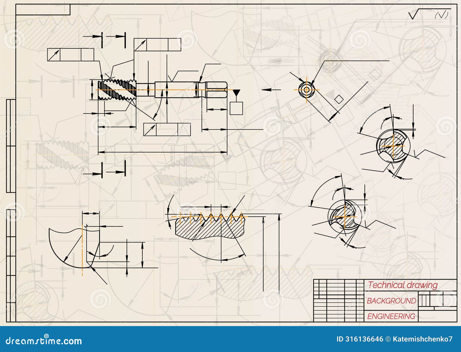 Mechanical Engineering Drawings on Light Background. Tap Tools, Borer ...