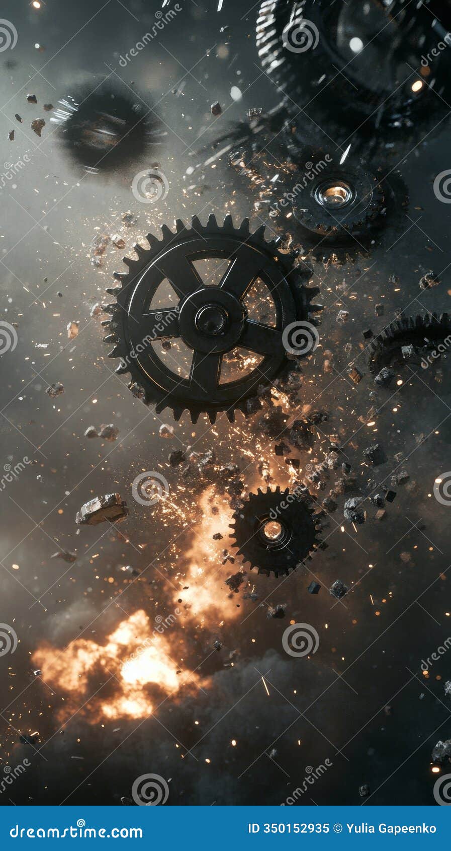 Mechanical Gears Floating through an Explosion of Sparks and Dust in a ...