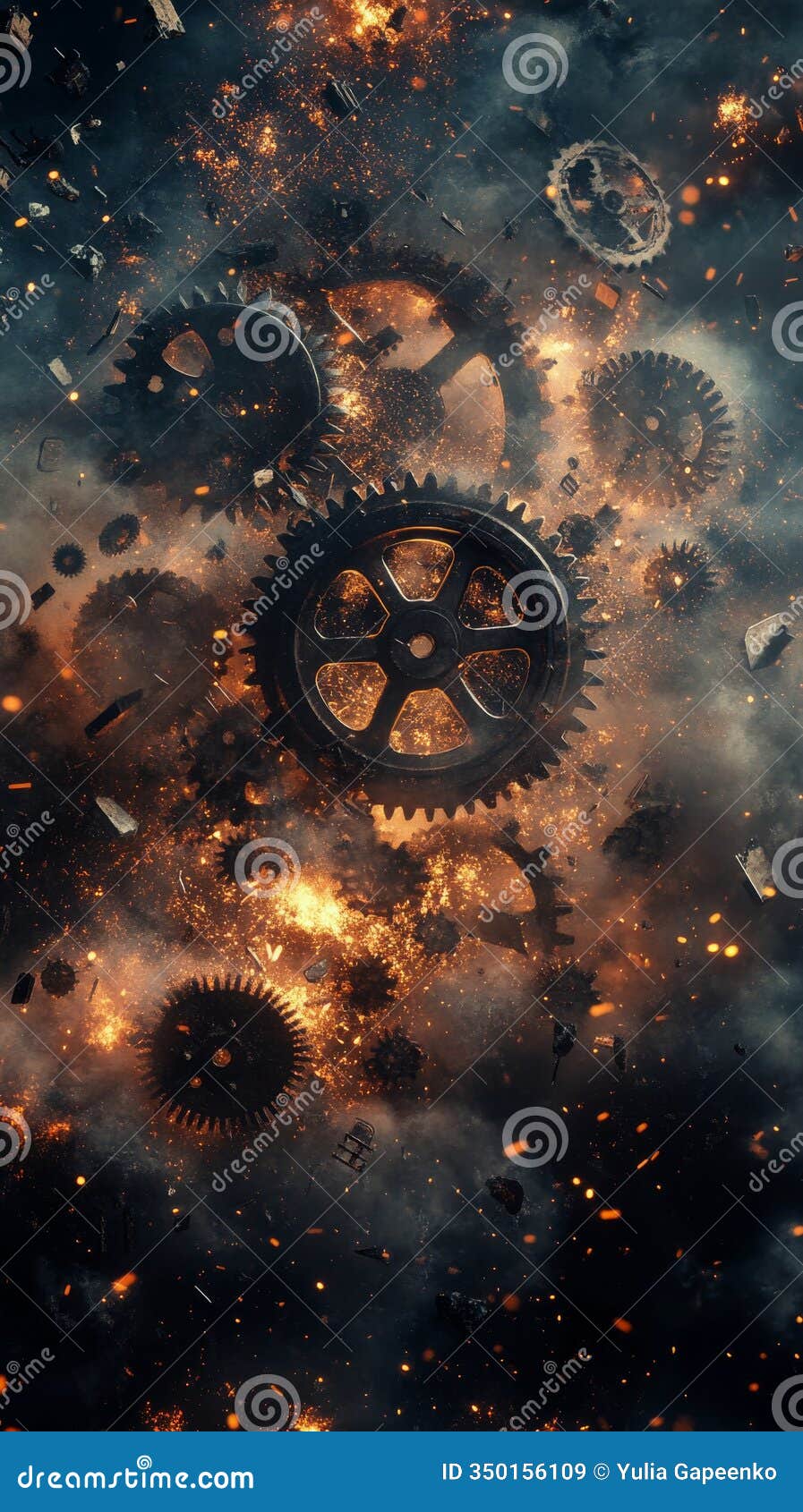 Mechanical Gears Floating through an Explosion of Sparks and Dust in a ...