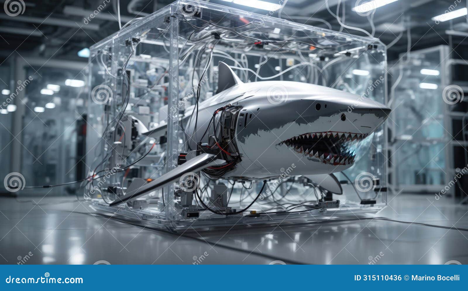 Mechanical Great White Shark Trapped in an Ice Cube and Connected To ...