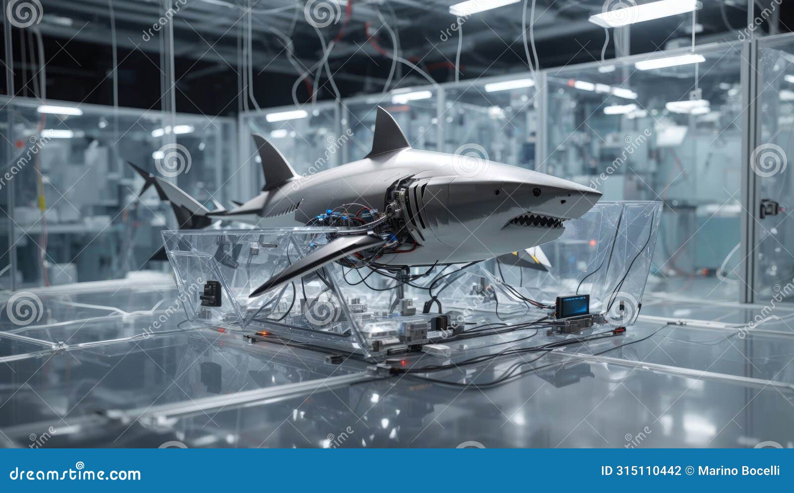 Mechanical Great White Shark Trapped in an Ice Cube and Connected To ...