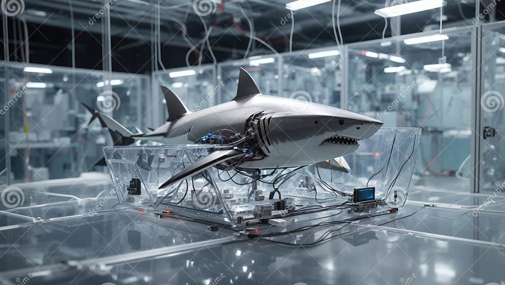 Mechanical Great White Shark Trapped in an Ice Cube and Connected To ...